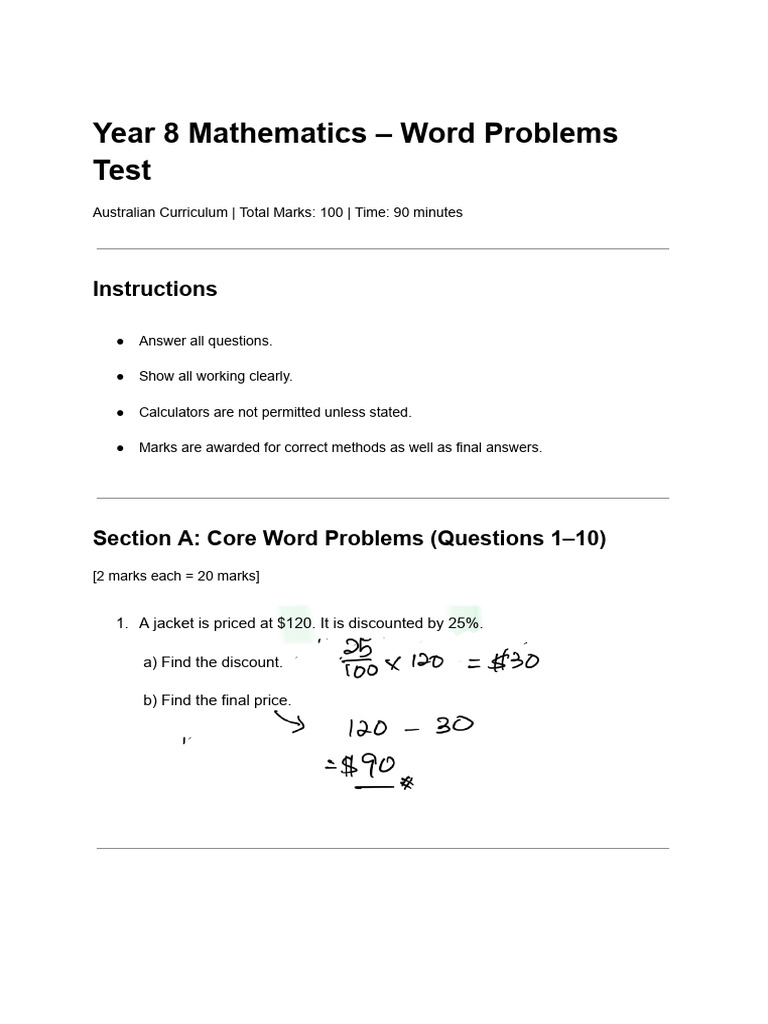 Year 8 Math Word Problems Test | PDF | Length | Area