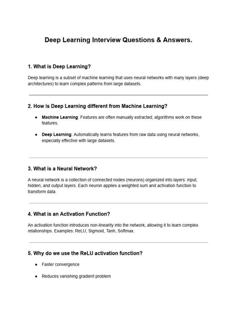 Deep Learning Interview Questions & Answers (50 Q&A) | PDF | Deep ...