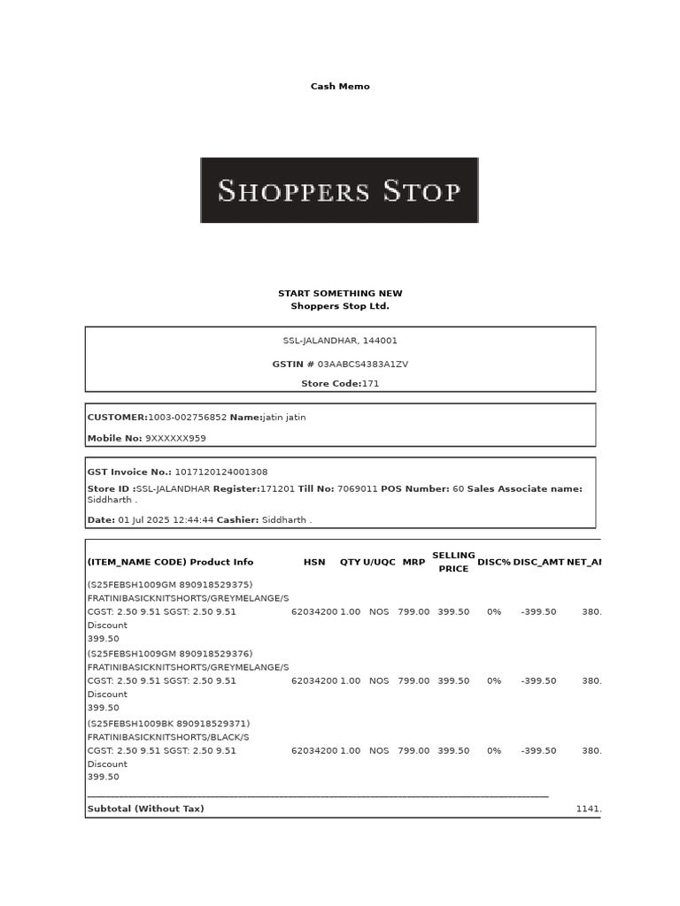 Shoppers Stop Cash Memo Receipt | PDF | Receipt | Payments