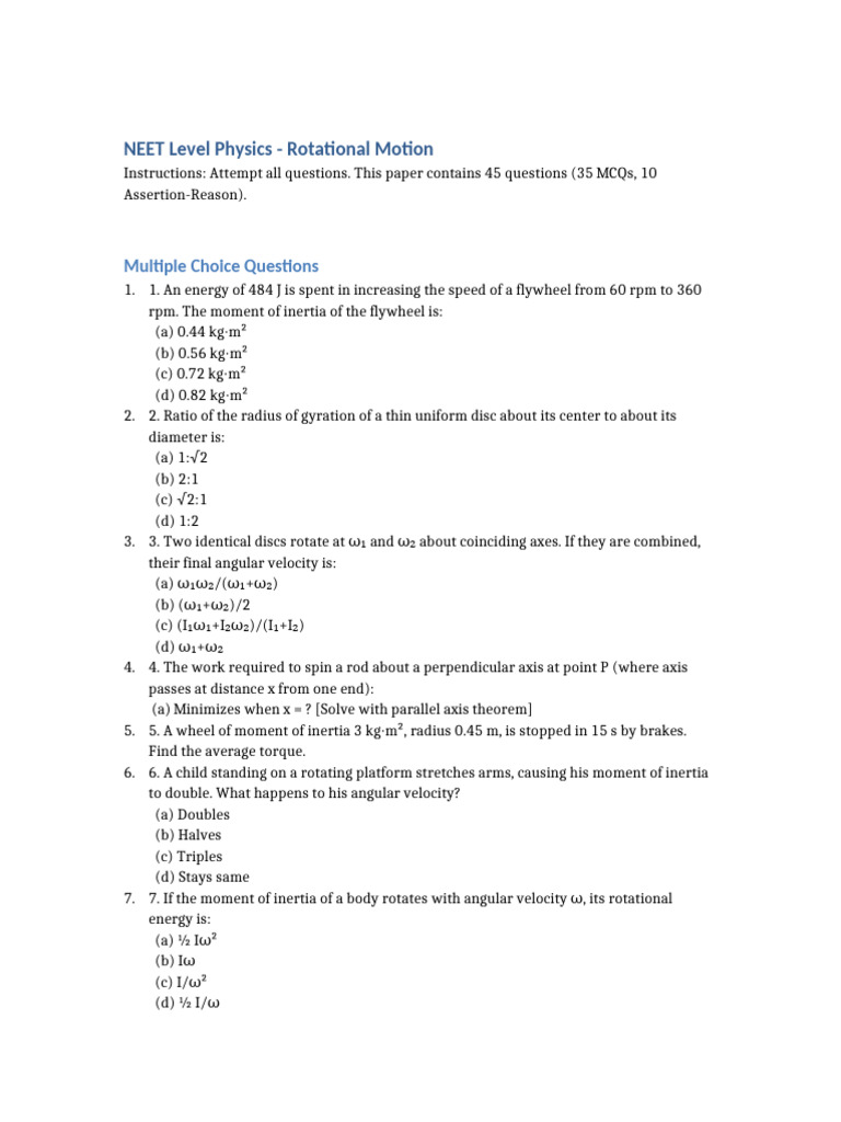 NEET Physics: Rotational Motion Questions | PDF | Rotation Around A ...