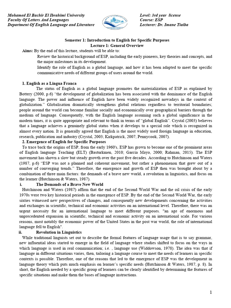Lecture 1 ESP | PDF | Learning | English Language