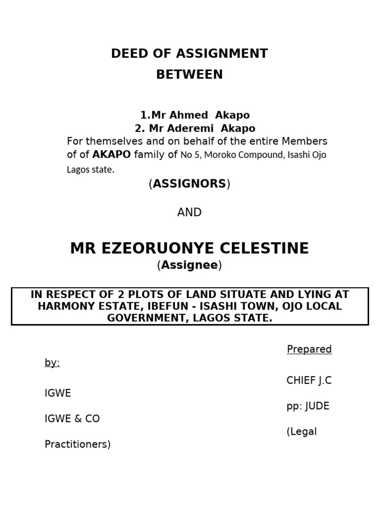 Deed of Assignment for Lagos Land | PDF | Assignment (Law) | Law Of ...