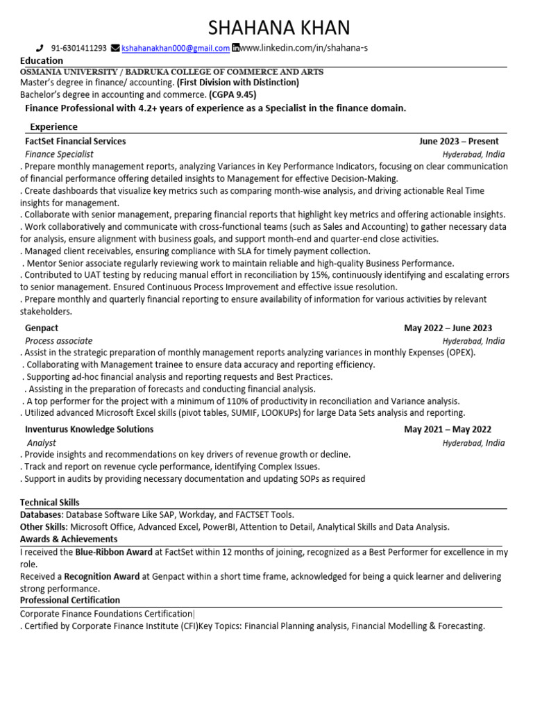 Finance Specialist with 4+ Years Experience | PDF | Fact Set | Business