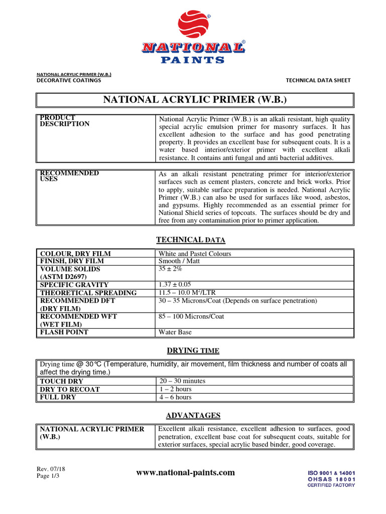 National Acrylic Primer (W B) | PDF | Acrylic Paint | Water