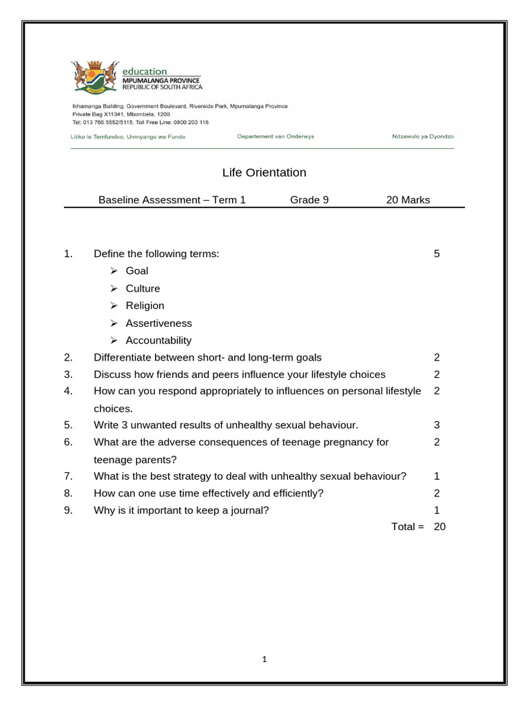 Grade 9 Life Orientation Assessment Guide | PDF