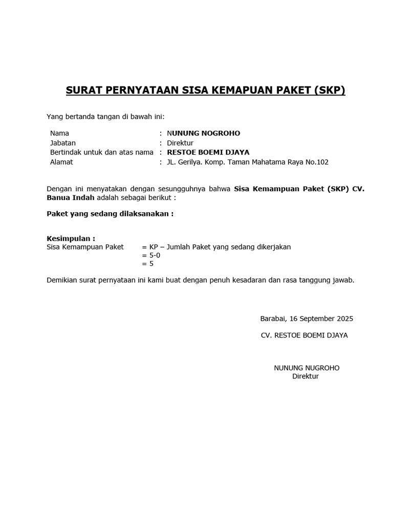 Surat Pernyataan SKP CV. Banua Indah | PDF