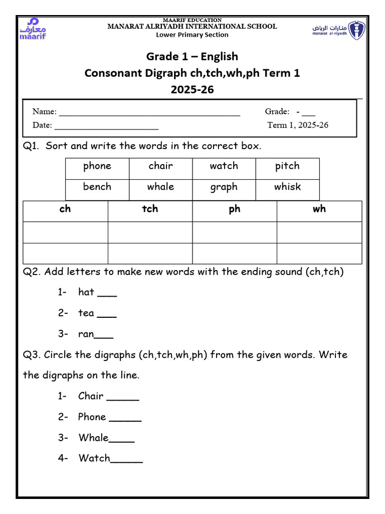 Gr 1 Consonant Digraph Ch,Tch, Wh,Ph WS T1 25-26 | PDF