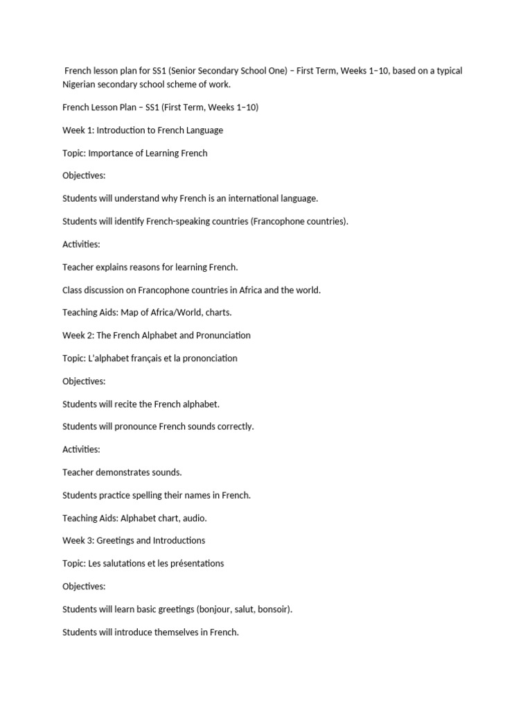SS1 French Lesson Plan: First Term Overview | PDF | Linguistics | Syntax