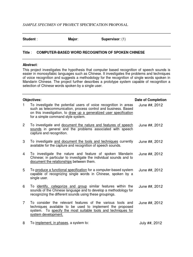 Specimen of Project Specification Proposal | PDF | Speech Recognition ...