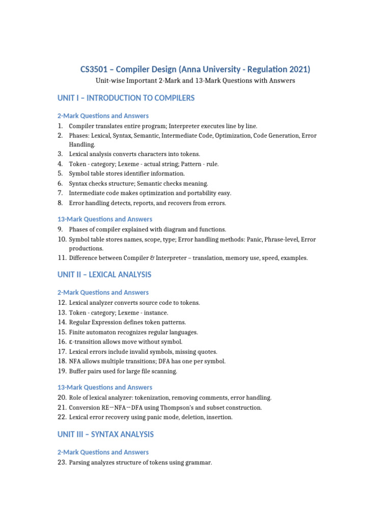 CS3501 Compiler Design Important QA | PDF | Parsing | Compiler