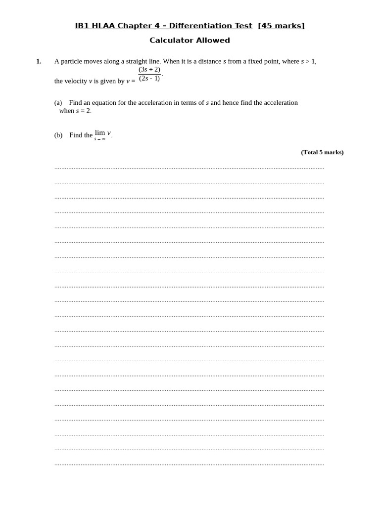 IB1 Mich 1 HL AA Differentiation Test | PDF | Tangent | Acceleration