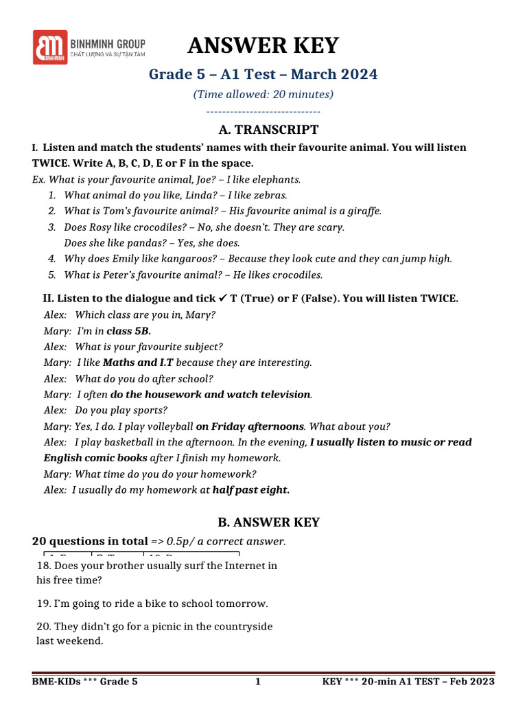 Key - A1 Test - 20 Min - March 2024 | PDF