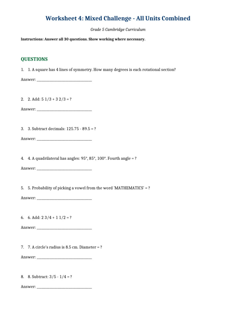 Grade 5 Mixed Math Challenge Worksheet | PDF | Geometry | Euclidean ...