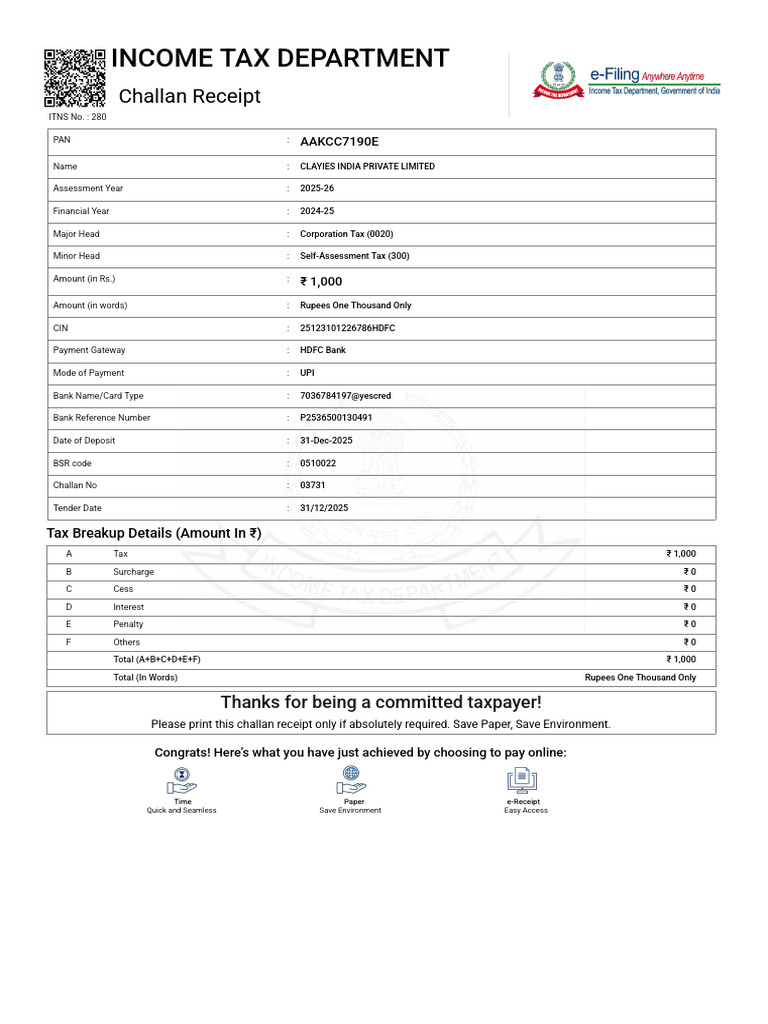 Income Tax Challan Receipt for 2025-26 | PDF | Taxes | Government Finances