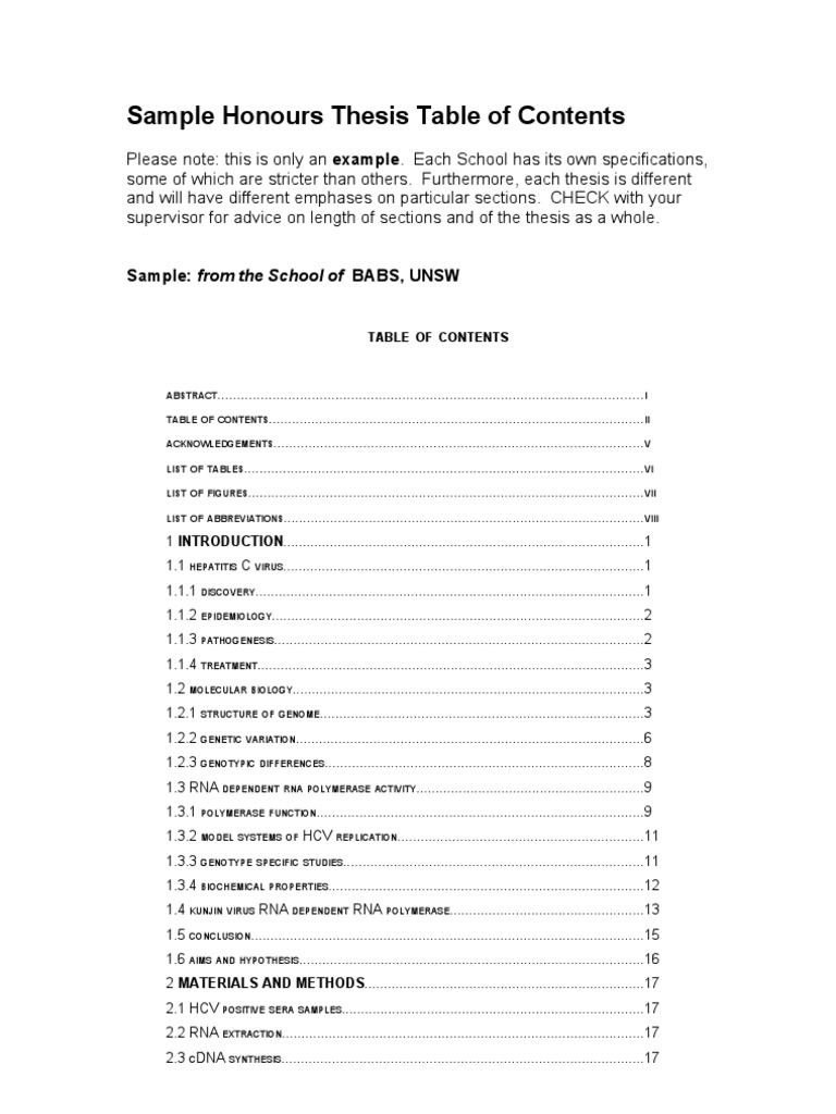 Sample Honours Thesis Table of Contents | PDF