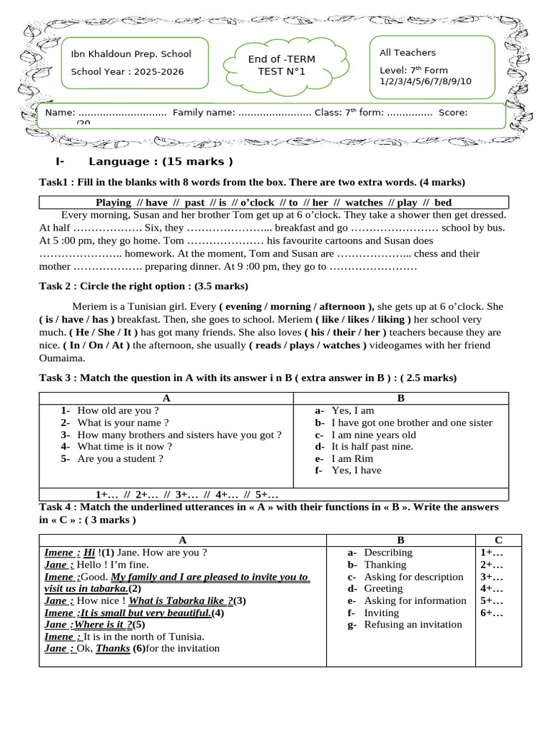 7th Grade English Language Test Guide | PDF
