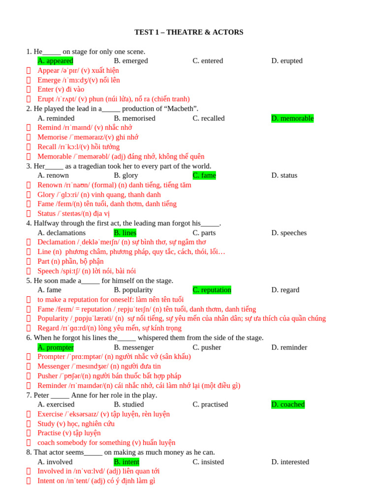 Test 1 - Theatre & Actors | PDF