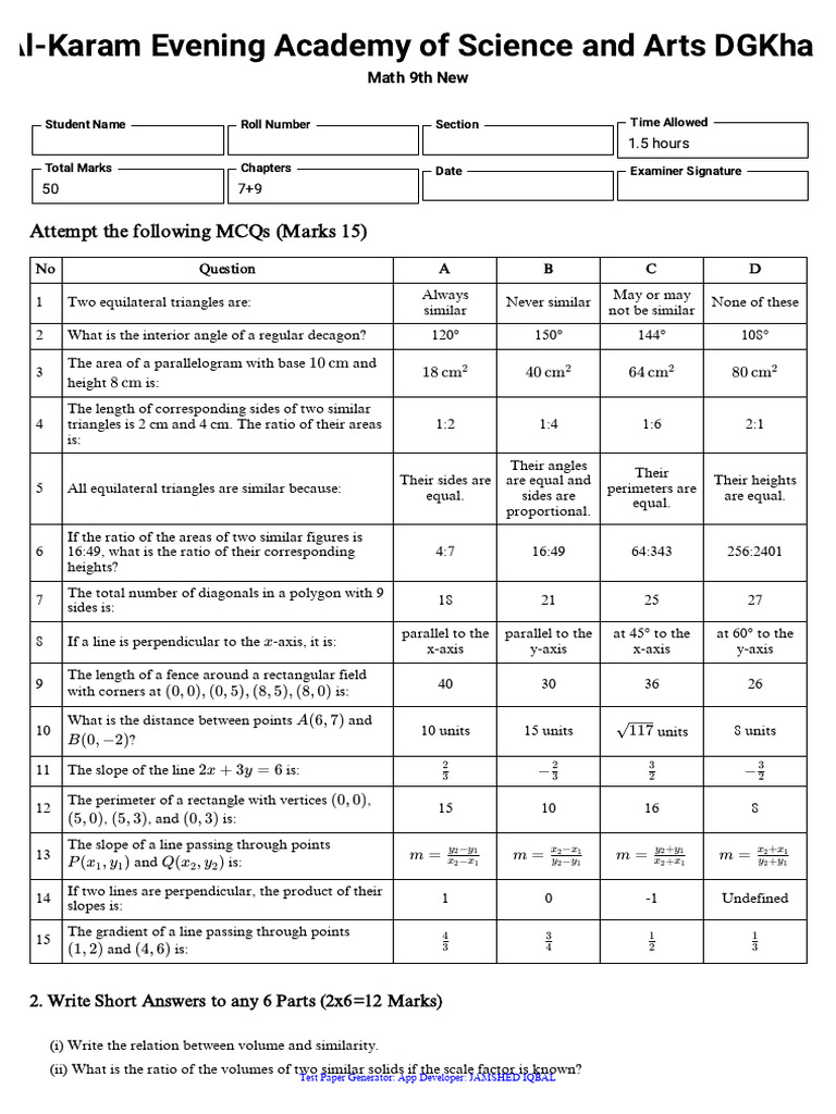 9th Grade Math MCQs and Short Answers | PDF | Area | Triangle