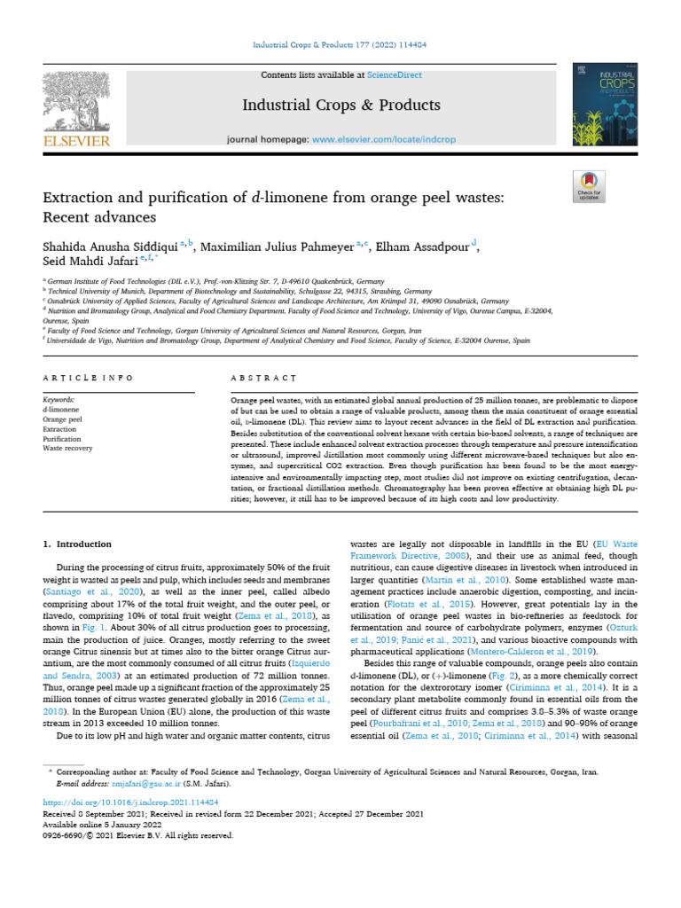 Extraction and purification of d-limonene from orange peel wastes ...