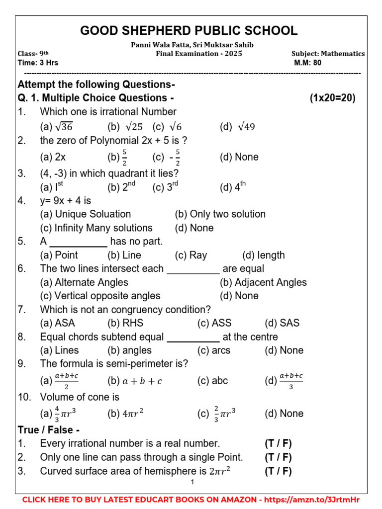 Class 9 Mathematics Final Exam 2025 | PDF | Triangle | Area