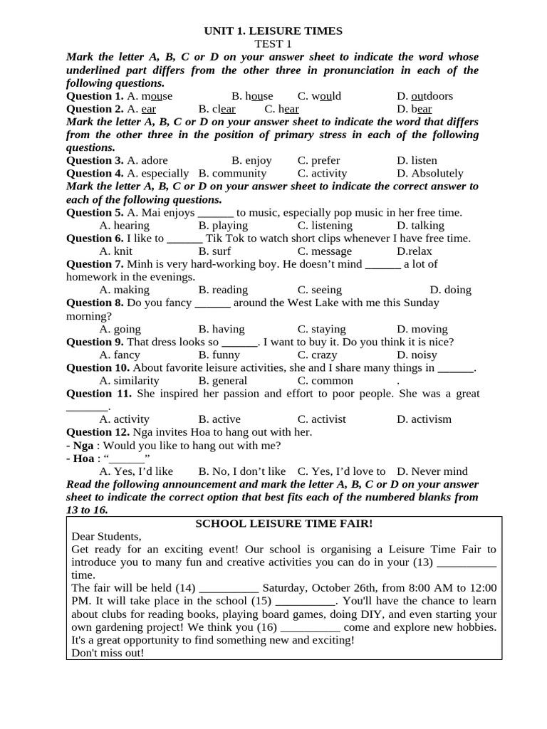 Leisure Time Activities Test | PDF | Bathroom | Shower