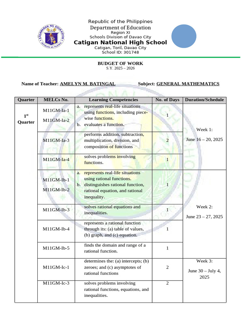 General Mathematics Budget Work S.Y. 2025-2026 | PDF | Exponential ...