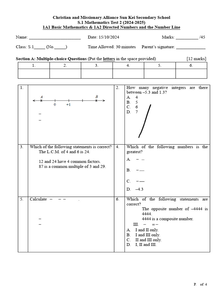 2425_Maths_S1_Test 2_1A1_1A2_v2 2 | PDF | Prime Number | Arithmetic