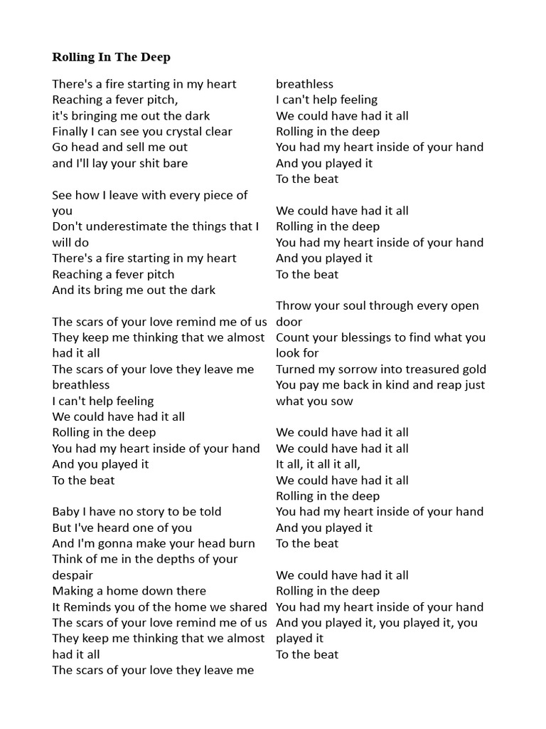 "Rolling In The Deep Lyrics Analysis" | PDF