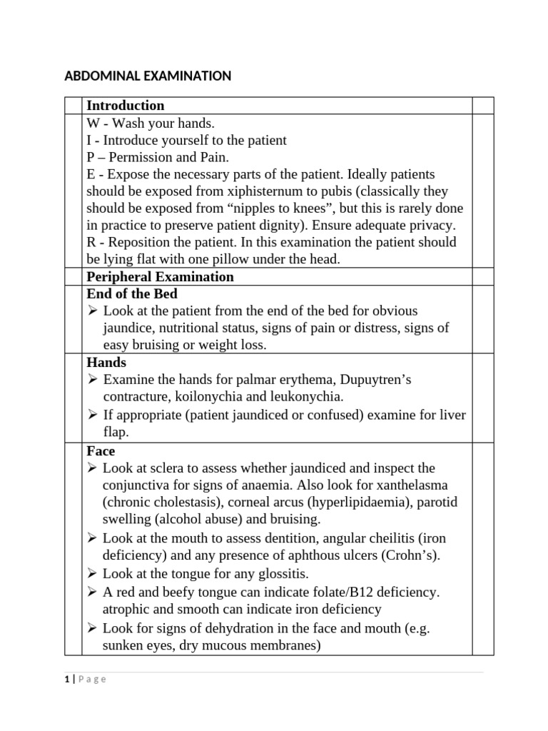 OSCE checklist of physical examinations of abdomen | PDF | Abdomen