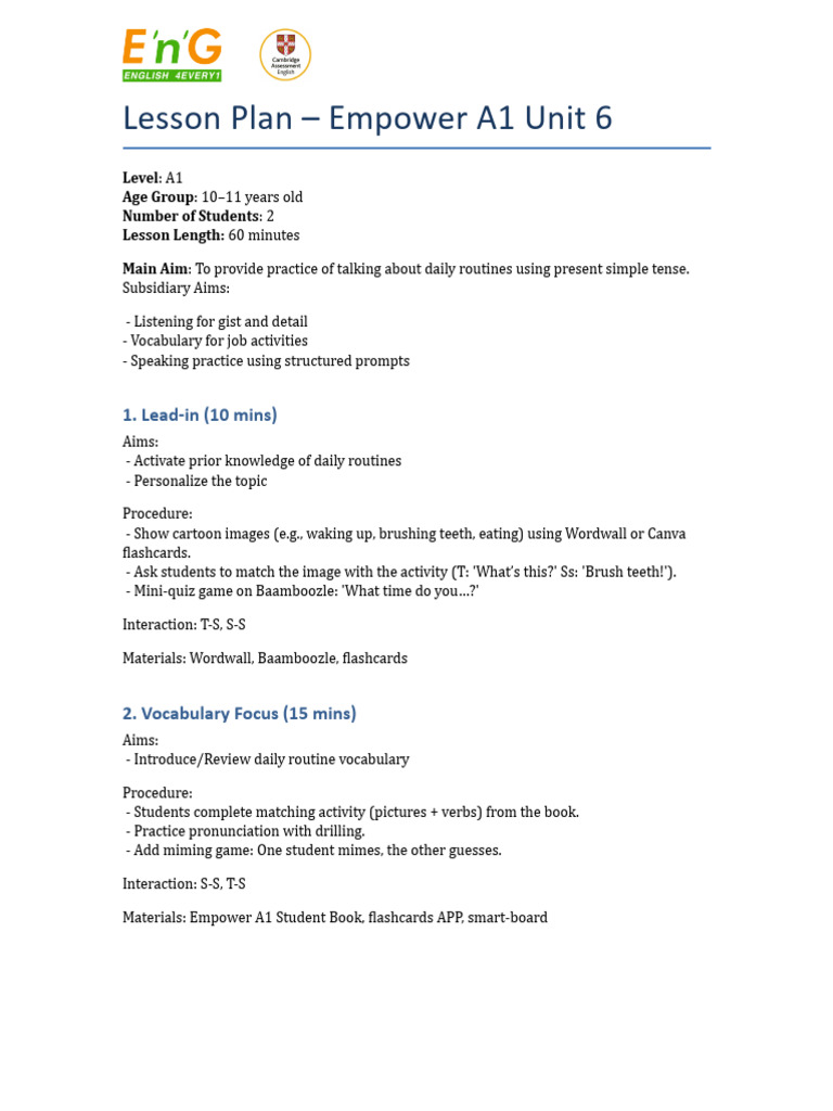 A1 Lesson Plan: Daily Routines | PDF | Learning | Human Communication