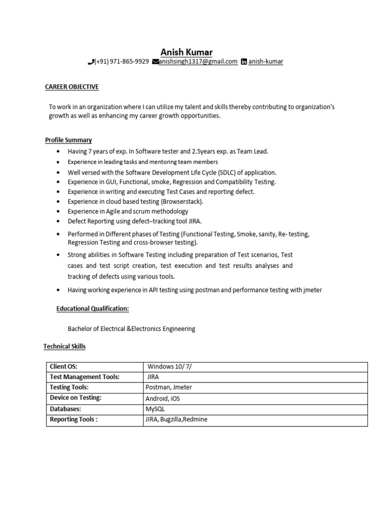 Anish QA Lead Resume | PDF | Software Testing | Computer Engineering