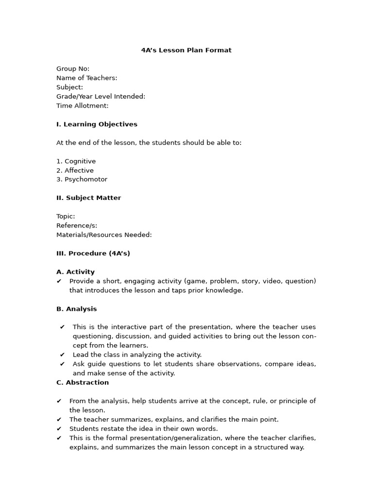 4A's Lesson Plan Template Guide | PDF