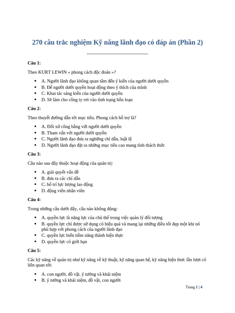 270 Cau Trac Nghiem Ky Nang Lanh Dao Co Dap an Phan 2 2025-10-06 | PDF