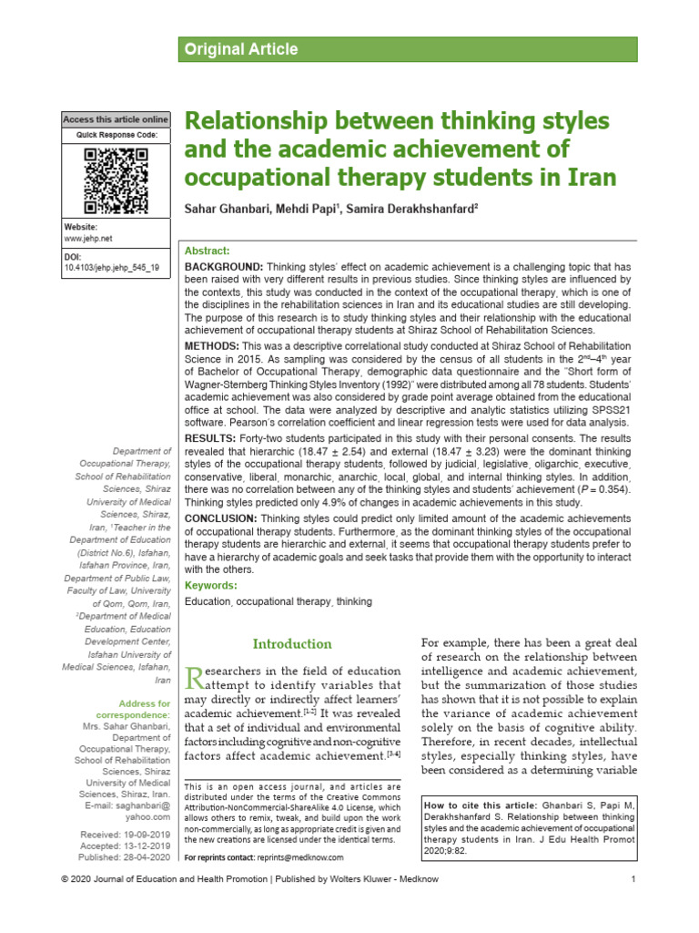 Ghanbari (2020) | PDF | Occupational Therapy | Thought