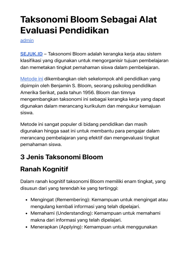 Taksonomi Bloom untuk Evaluasi Pendidikan | PDF