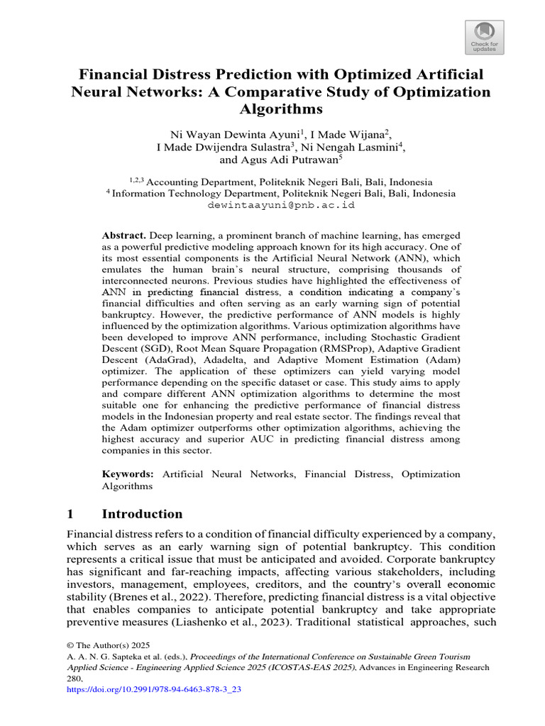 Financial Distress Prediction with Optimized Artificial Neural Networks ...