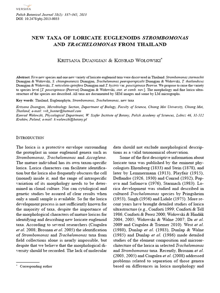 New Taxa of Loricate Euglenoids Strombomonas and Trachelomonas From ...