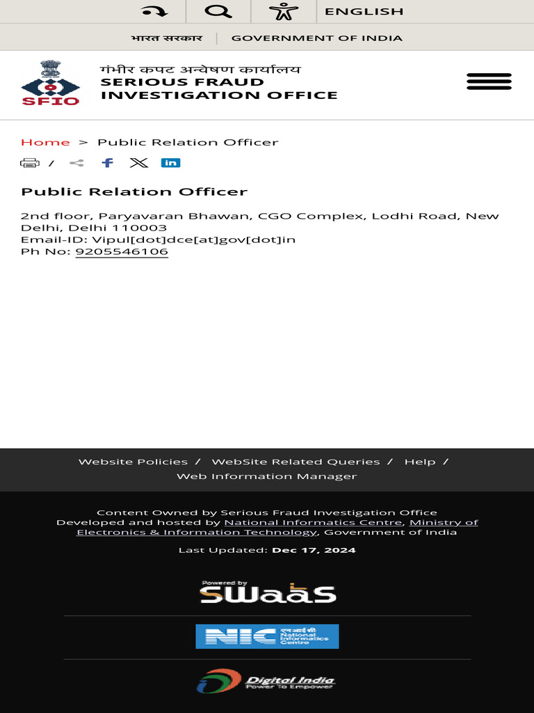 Public Relation Officer Serious Fraud Investigation Office India | PDF