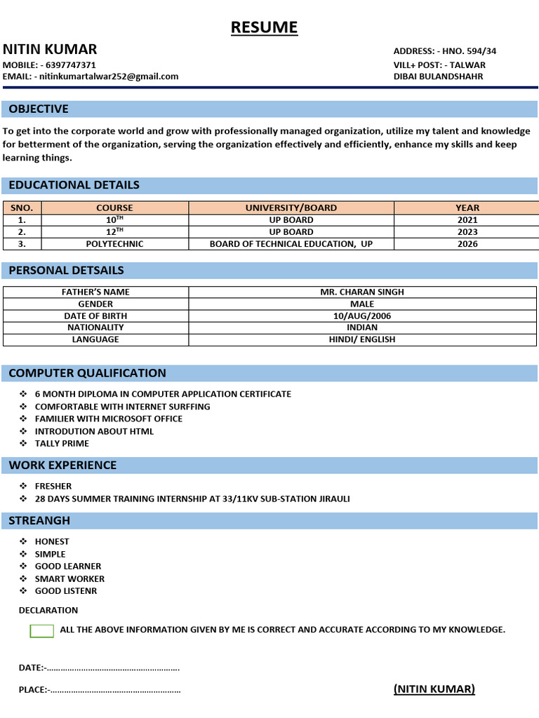 Nitin Kumar Resume - Fresh Graduate | PDF