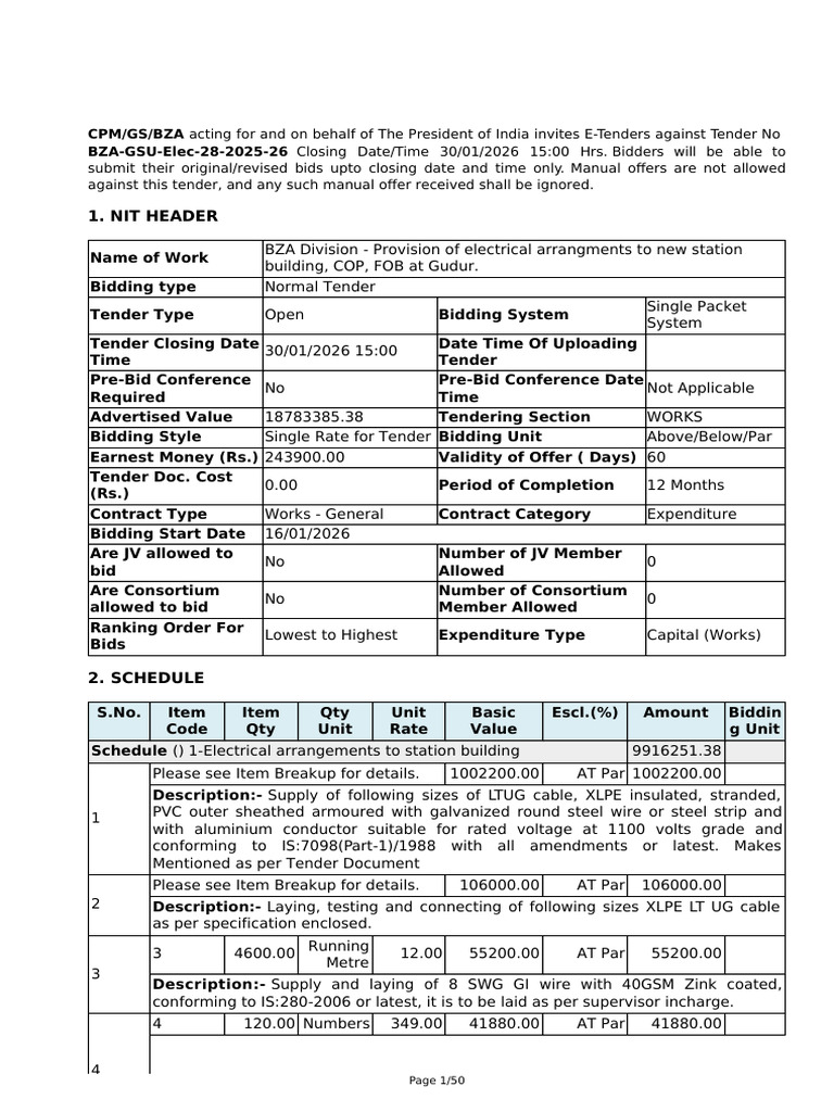 E-Tender for Electrical Works at Gudur | PDF | Electrical Wiring ...