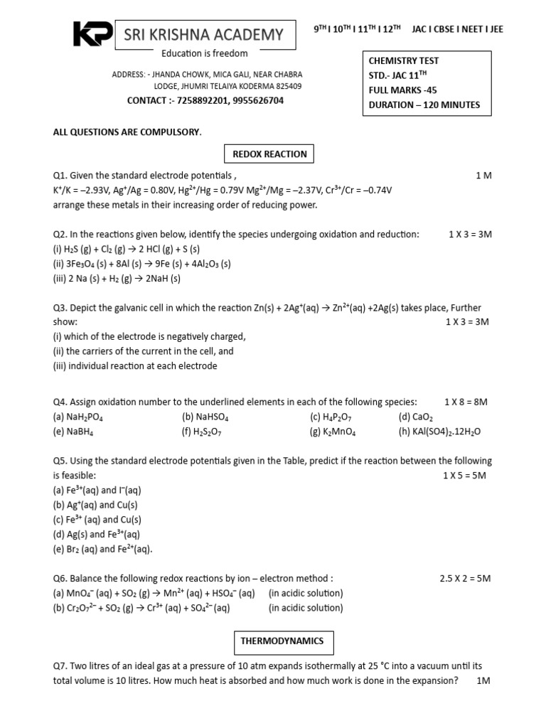 10012026 Chem 11 Test Jac | PDF | Enthalpy | Heat