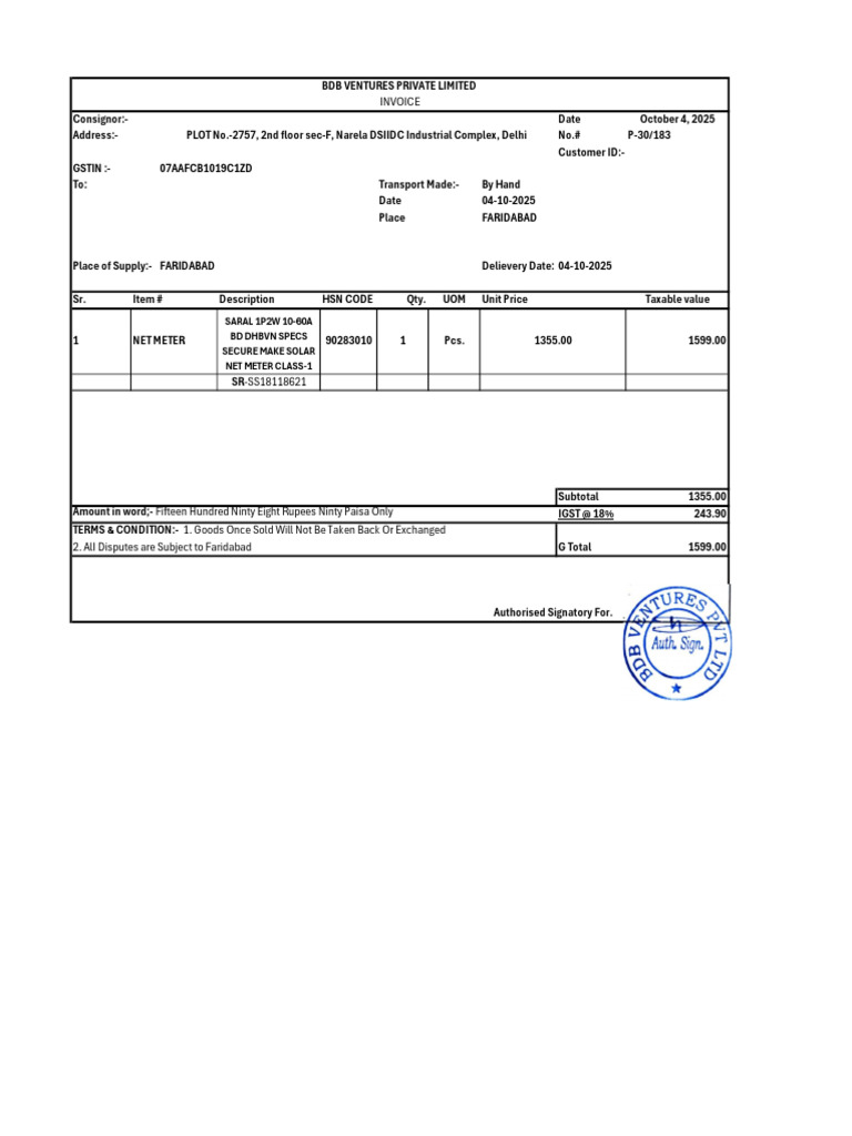 Invoice for Solar Net Meter Sale | PDF