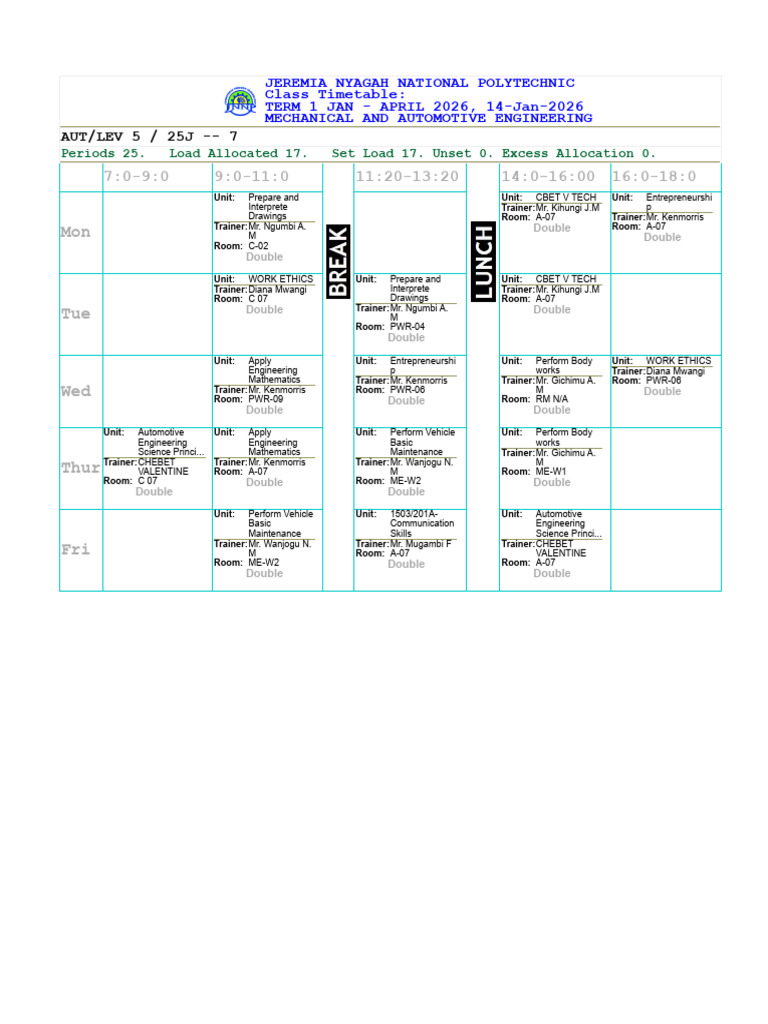 Mechanical Timetable Jan April 2026 Draft 4 | PDF | Automotive Industry ...