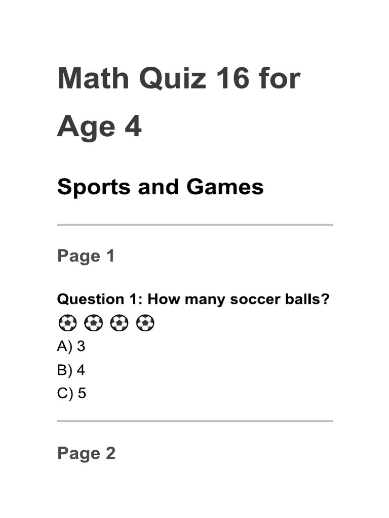 Math Quiz 16 for Age 4 - 20 Pages | PDF