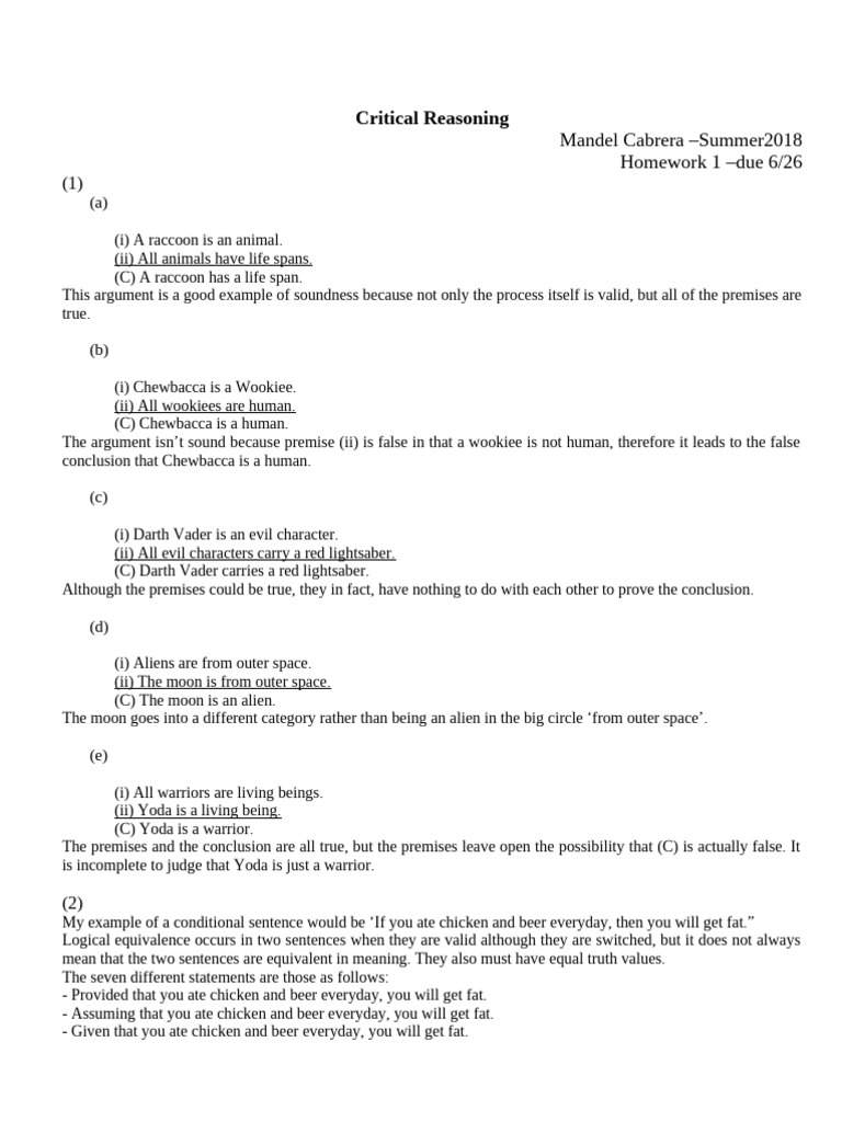 Critical Reasoning Homework Analysis | PDF | Logic | Argument