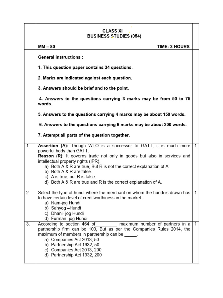 Class XI Business Studies Question Paper | PDF | Cooperative | Interest