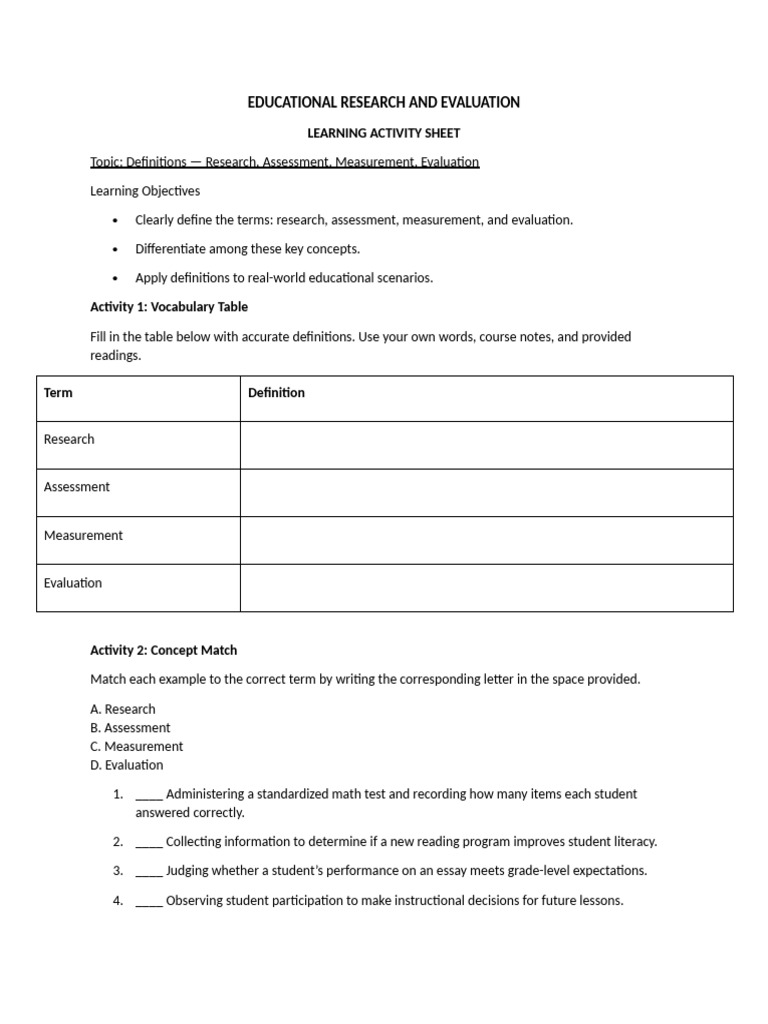 LAS Definitions Research Assessment Evaluation | PDF