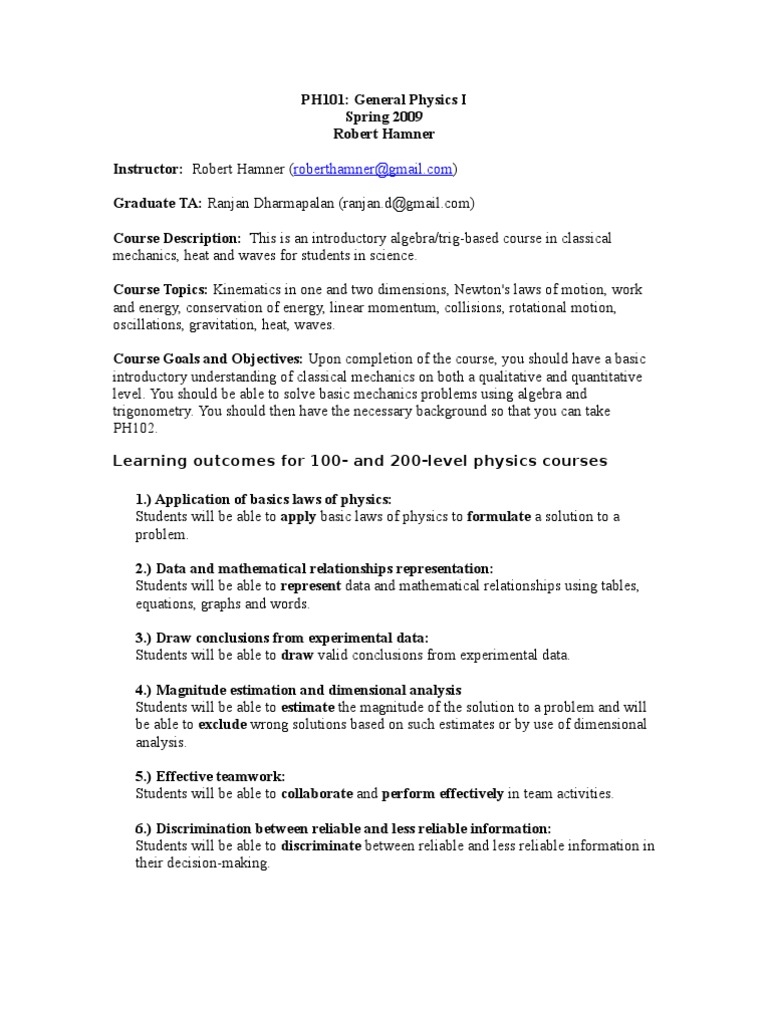 PH101 Syllabus | PDF | Physics | Test (Assessment)