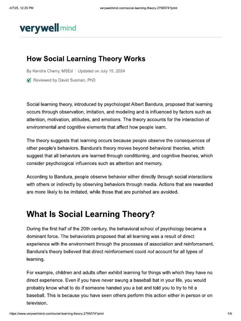 Banduras Social Learning Theory VWM | PDF