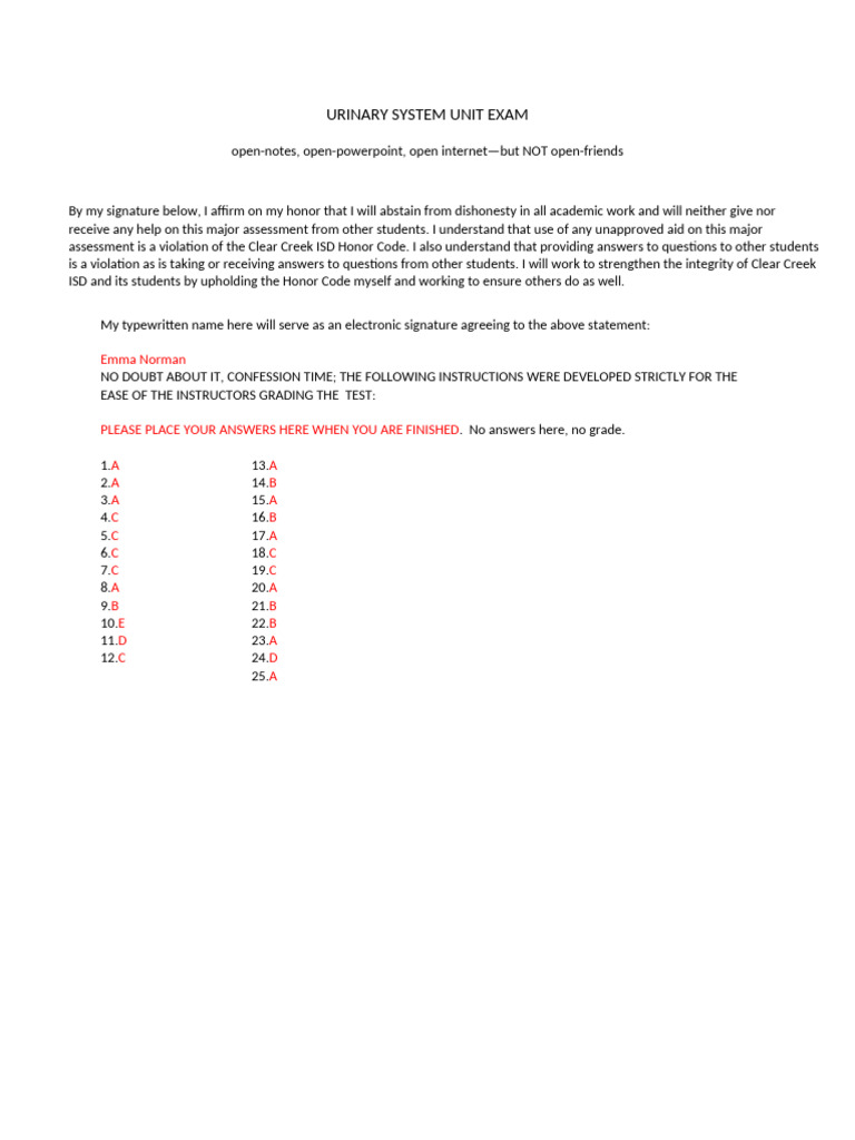 Urinary System Unit Exam Instructions | PDF | Urinary Tract Infection ...
